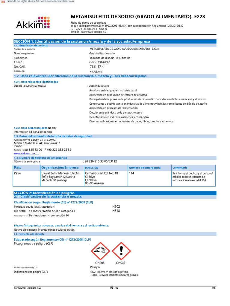 Sodium-Metabisulfite-Food-MSDS - Akkim (1) .En - Es | PDF