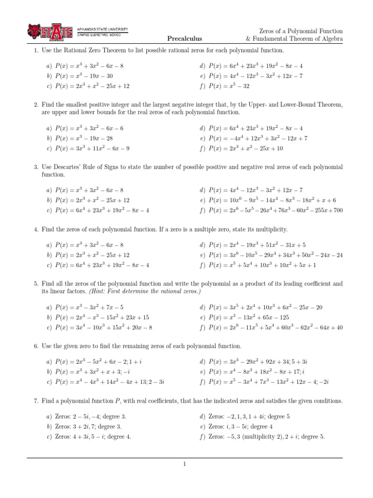 HW03 Zeros of A Polynomial Function and Fundamental Theorem of Algebra | PDF