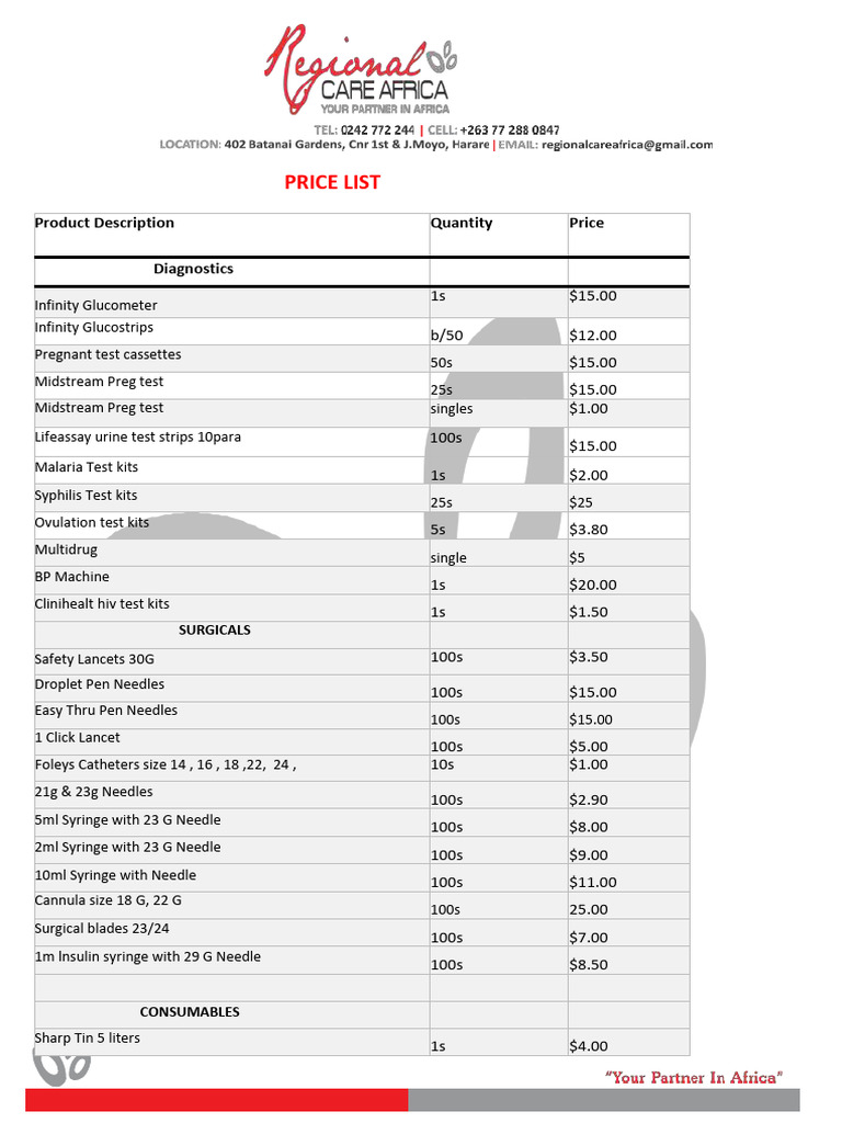 Regional Care Africa Price List | PDF