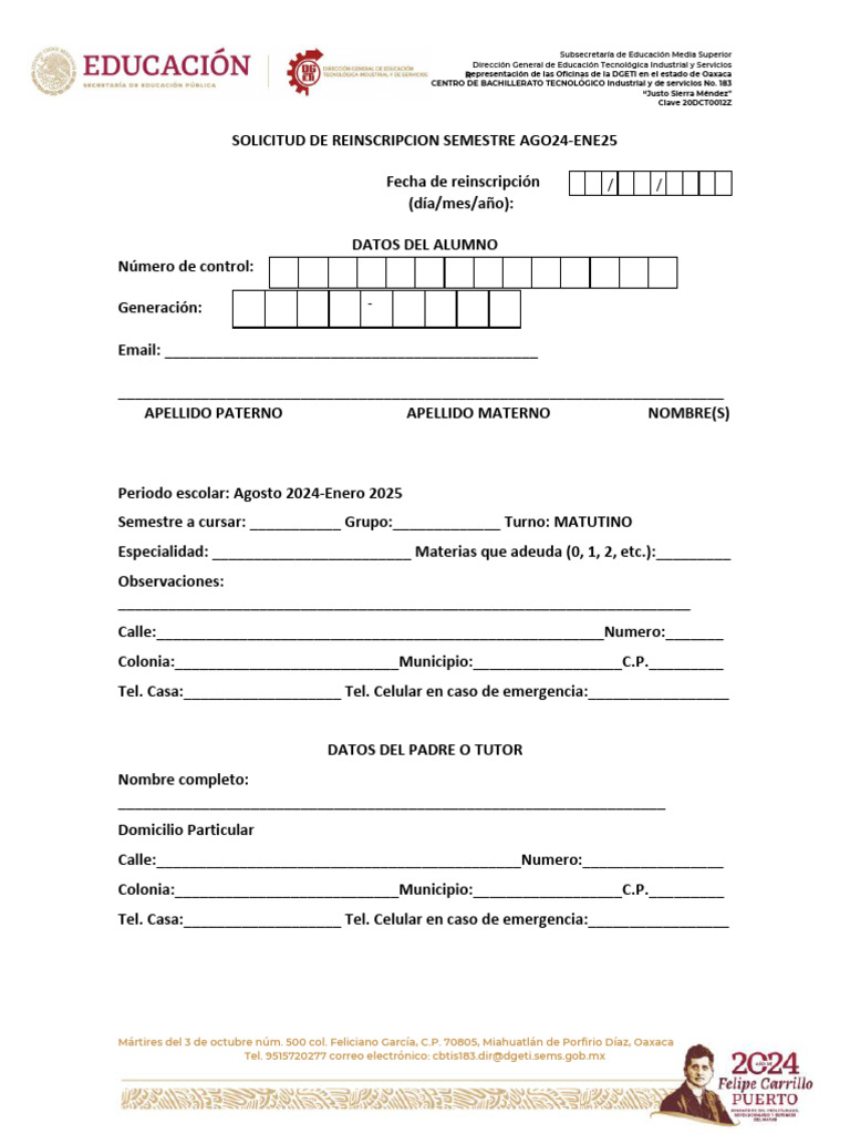 Solicitud Reinscripción CBTIS 183 Oaxaca | PDF