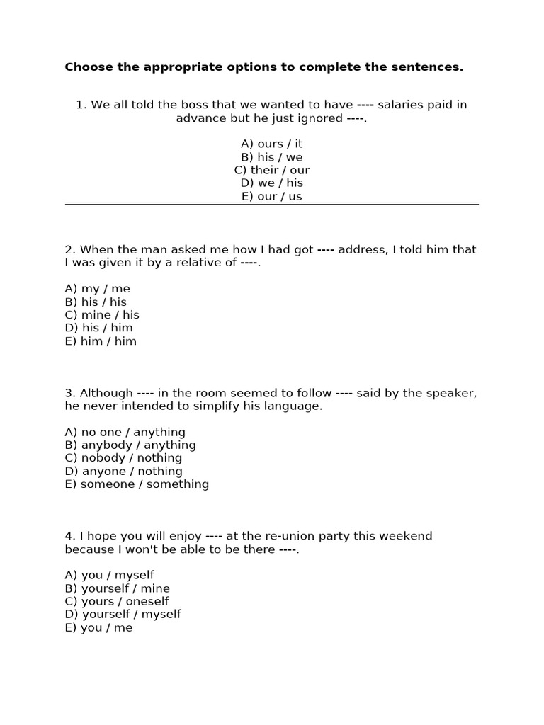 Choose the appropriate options to complete the sentences | PDF