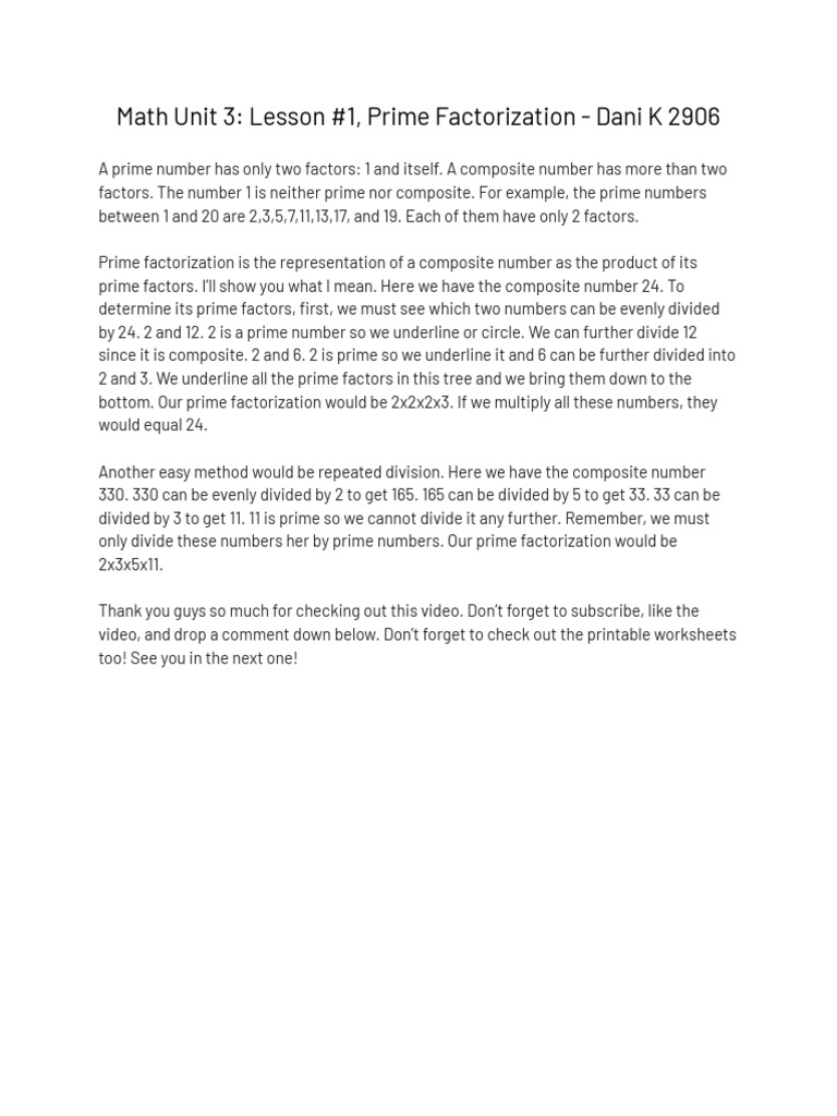 Math Unit 3 - Lesson #1, Prime Factorization - Dani K 2906 | PDF