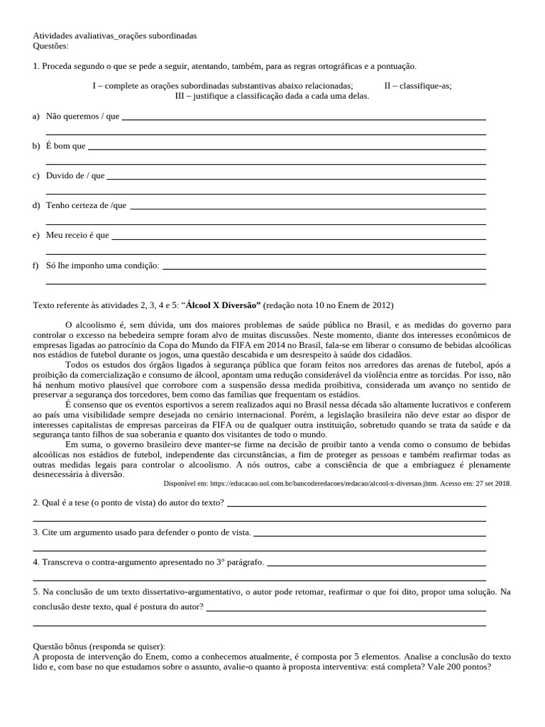 Ativ Avaliativas or Subordinadas | PDF