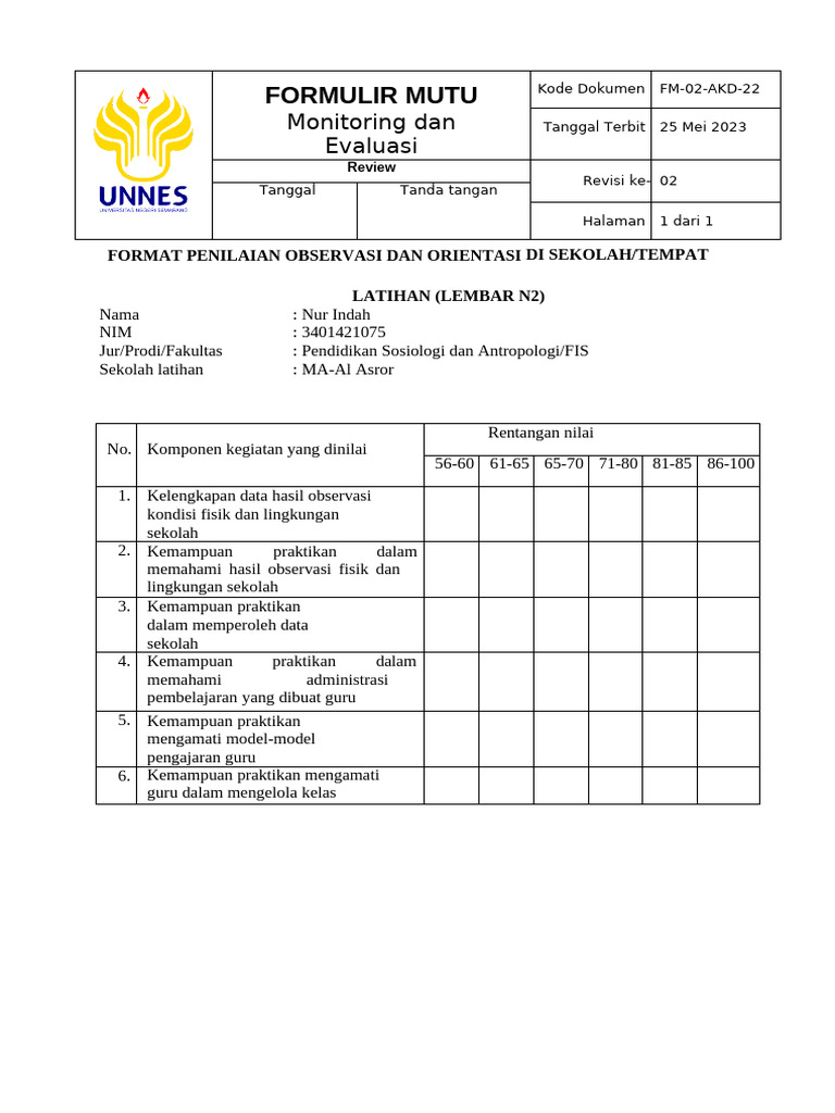 Formulir Monitoring Dan Evaluasi | PDF