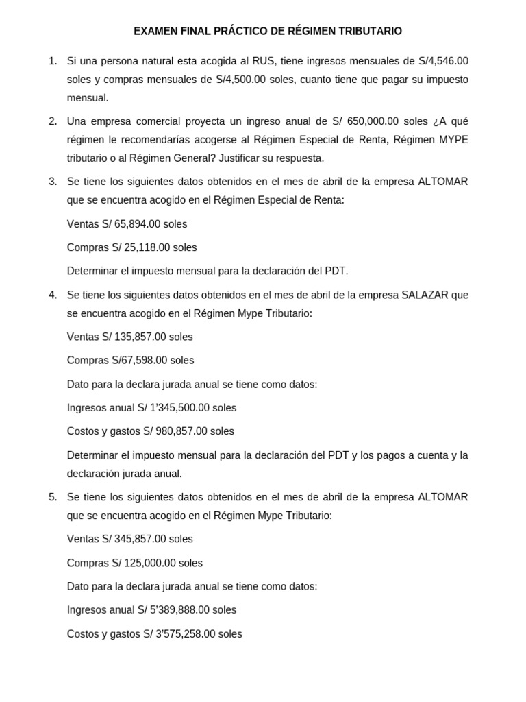 EXAMEN FINAL PRACTICO DE REGIMEN TRIBUTARIO -13.10.2023 | PDF