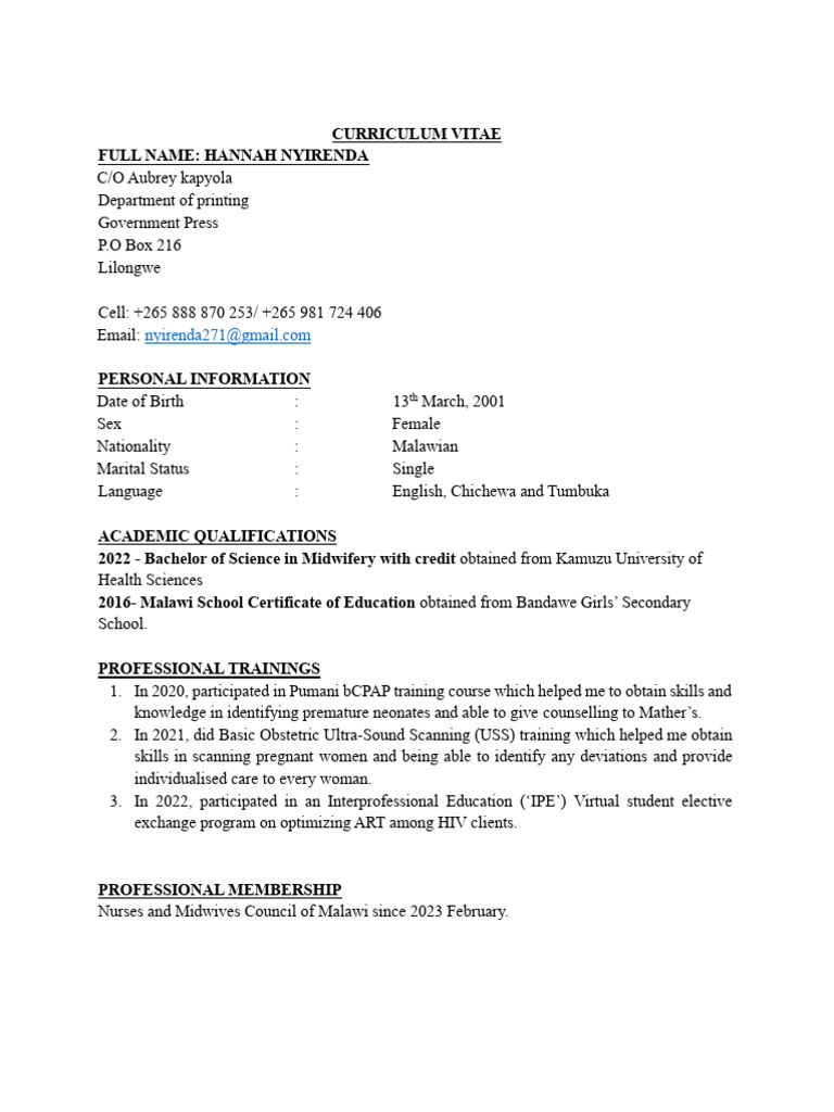 Hannah Nyirenda CV | PDF