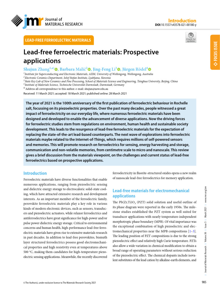 Lead Free Ferroelectric Materials: Prospective Applications: Zhang ...