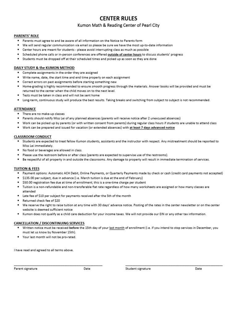 Center Rules - Kumon Center of Pearl City | PDF