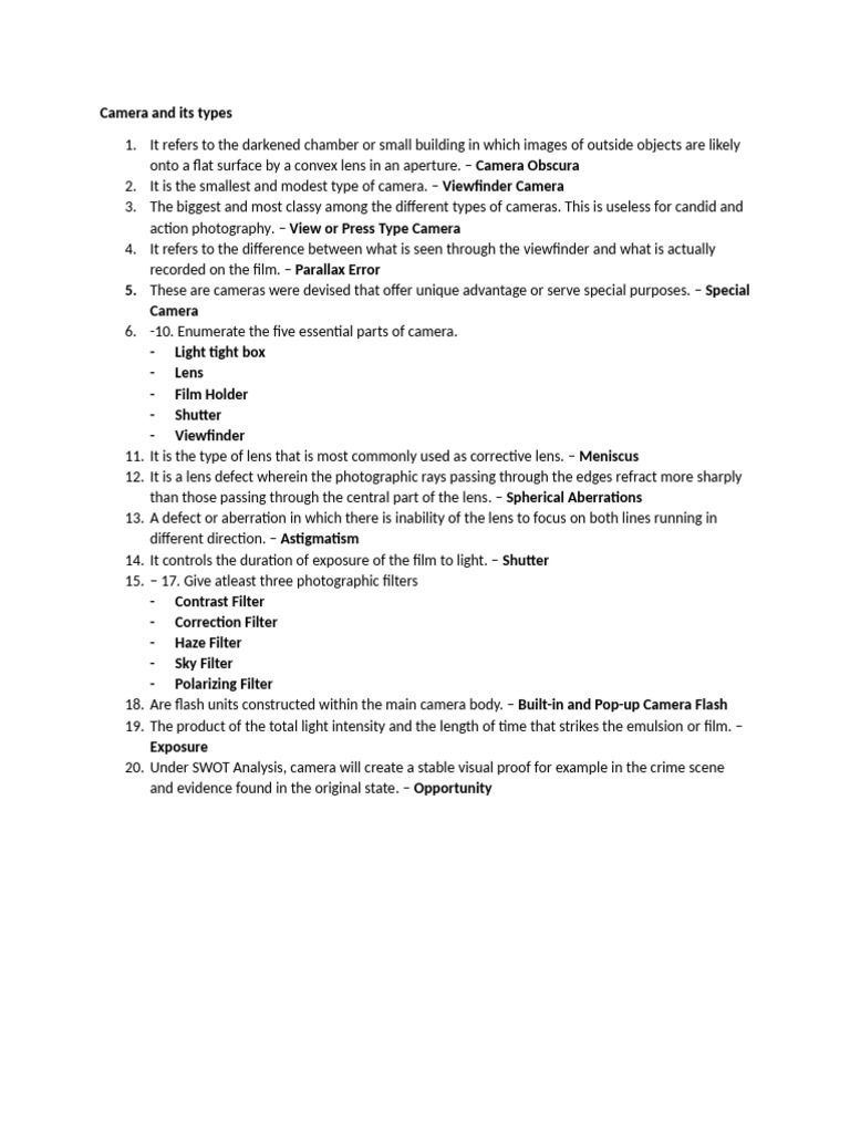 Camera and Its Types Quiz | PDF