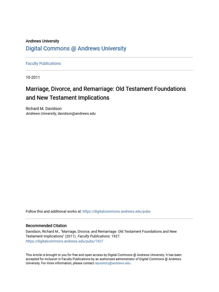 Marriage Divorce and Remarriage - Old Testament Foundations and | PDF
