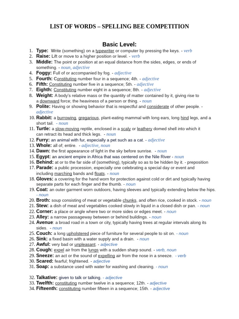 Spelling Bee Words | PDF