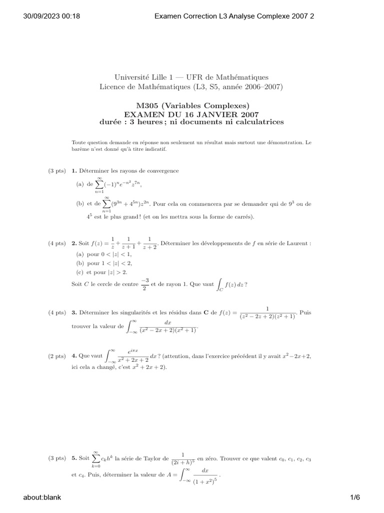 Examen Correction L3 Analyse Complexe 2007 2 | PDF