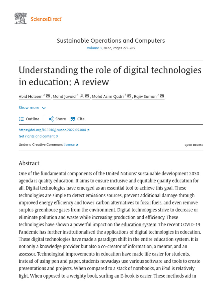 Understanding The Role of Digital Technologies in Education - A R | PDF