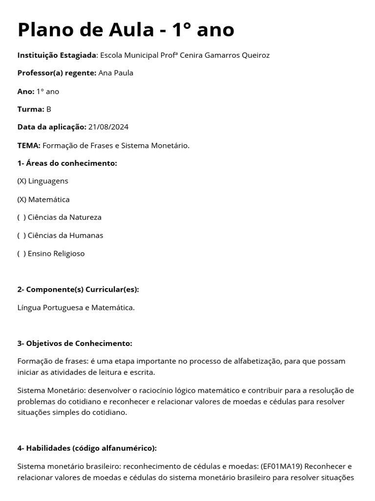 Plano de Aula - 1° Ano - 20240820 - 220100 - 0000 | PDF
