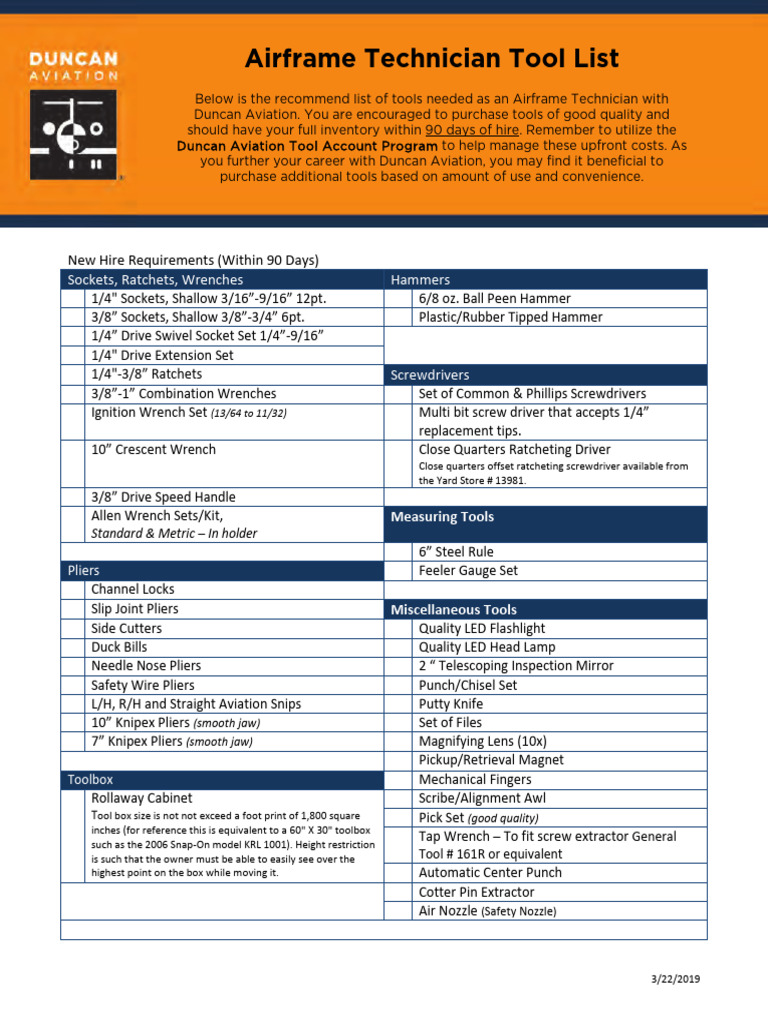 Airframe Technician Tool List | PDF