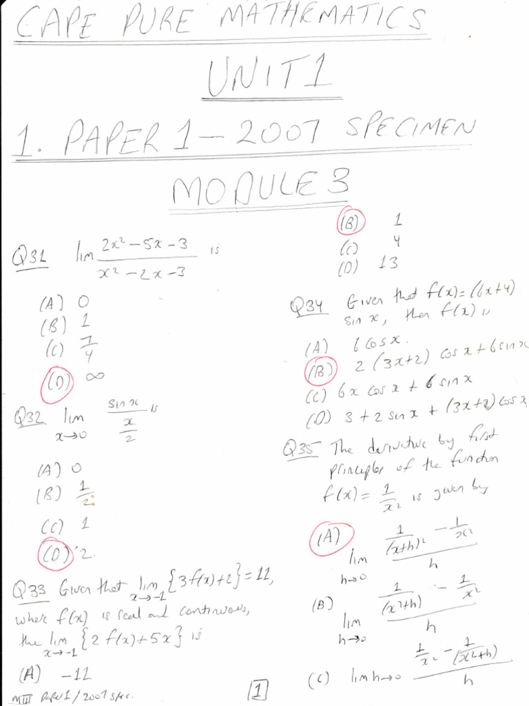 Cape Pure Mathematics U1 P1 Module 3 Specimen Paper May June 2008 ROR ...