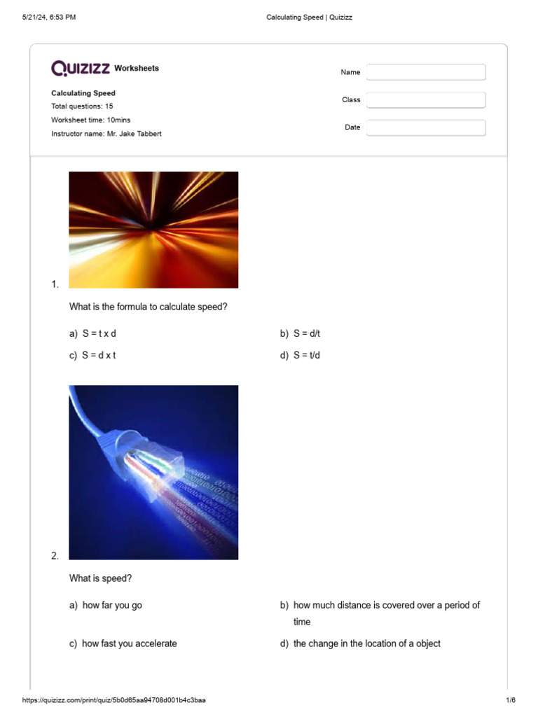 Calculating Speed - Quizizz | PDF