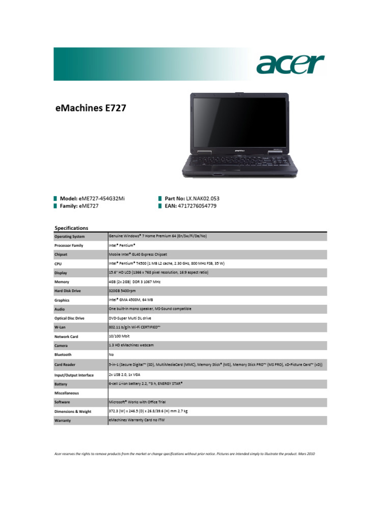 Emachines E727 454g32mikk Document | PDF
