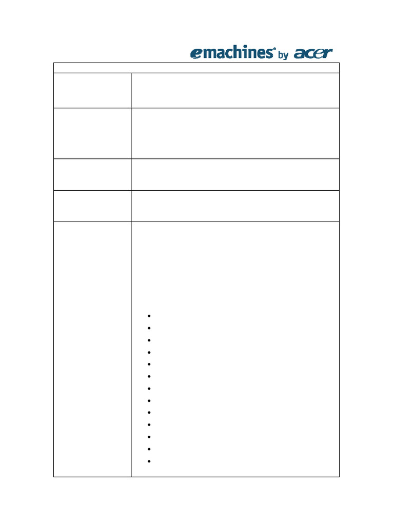 Emachines E725 Specifications (V7-1-2) : Operating System | PDF