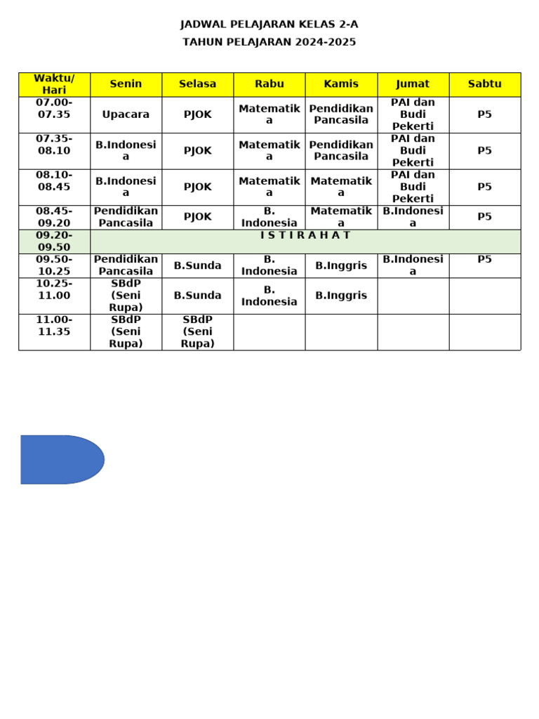 Jadwal Pelajaran Kelas 2a (2024-2025) | PDF