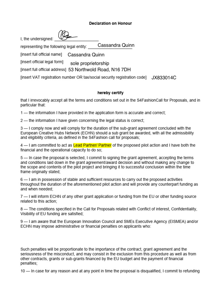 S4Fashion Call for Proposals- Declaration on Honour | PDF