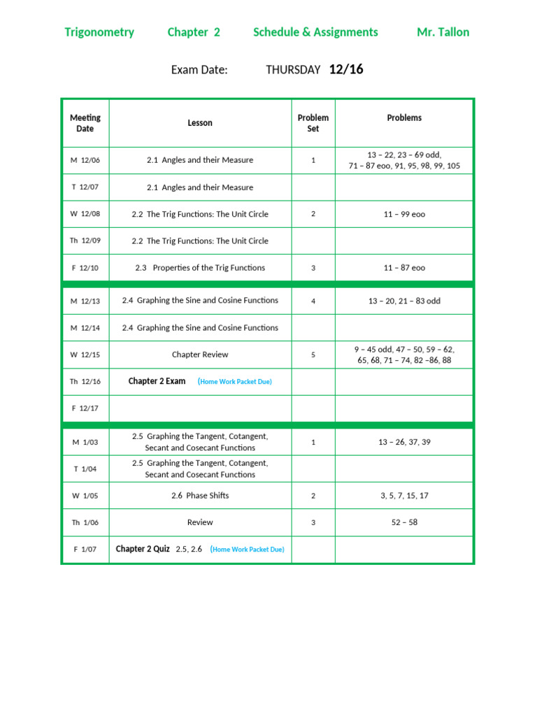 Trig CH 2 Schedule & Assignments | PDF