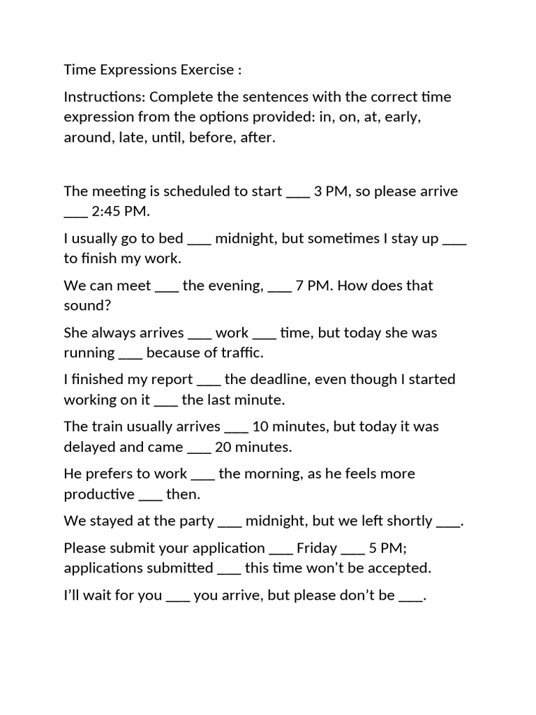 Time Expressions Exercise A2 | PDF