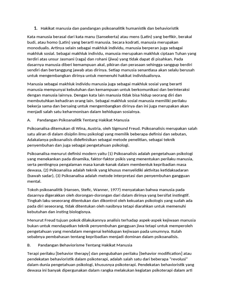 Hakikat Manusia Dan Pandangan Psikoanalitik Humanistik Dan Behavioristik | PDF