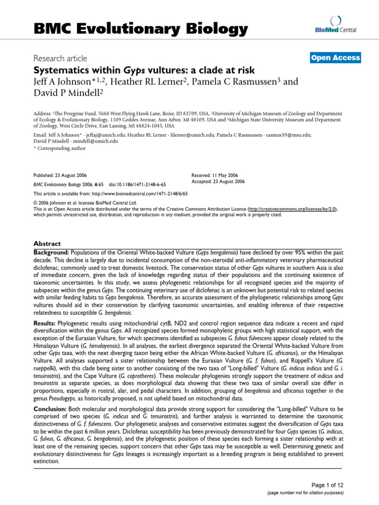 BMC Evolutionary Biology: Systematics Within Vultures: A Clade at Risk ...