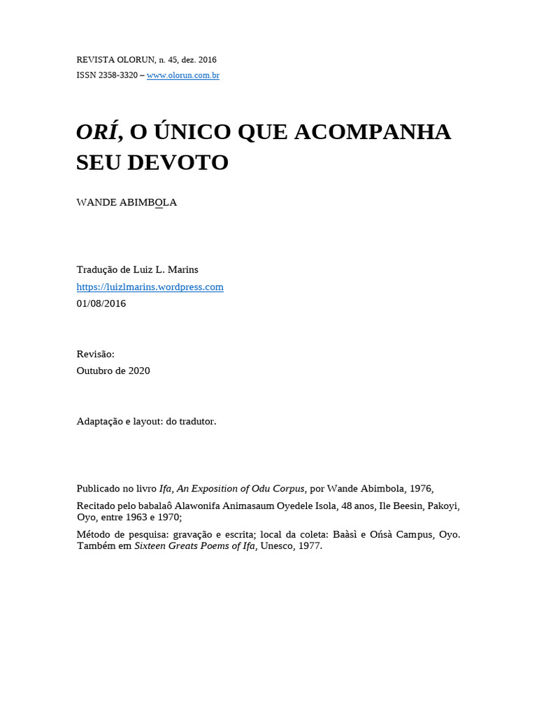 Ori o Unico Que Acompanha Seu Devoto Wande Abimbola | PDF