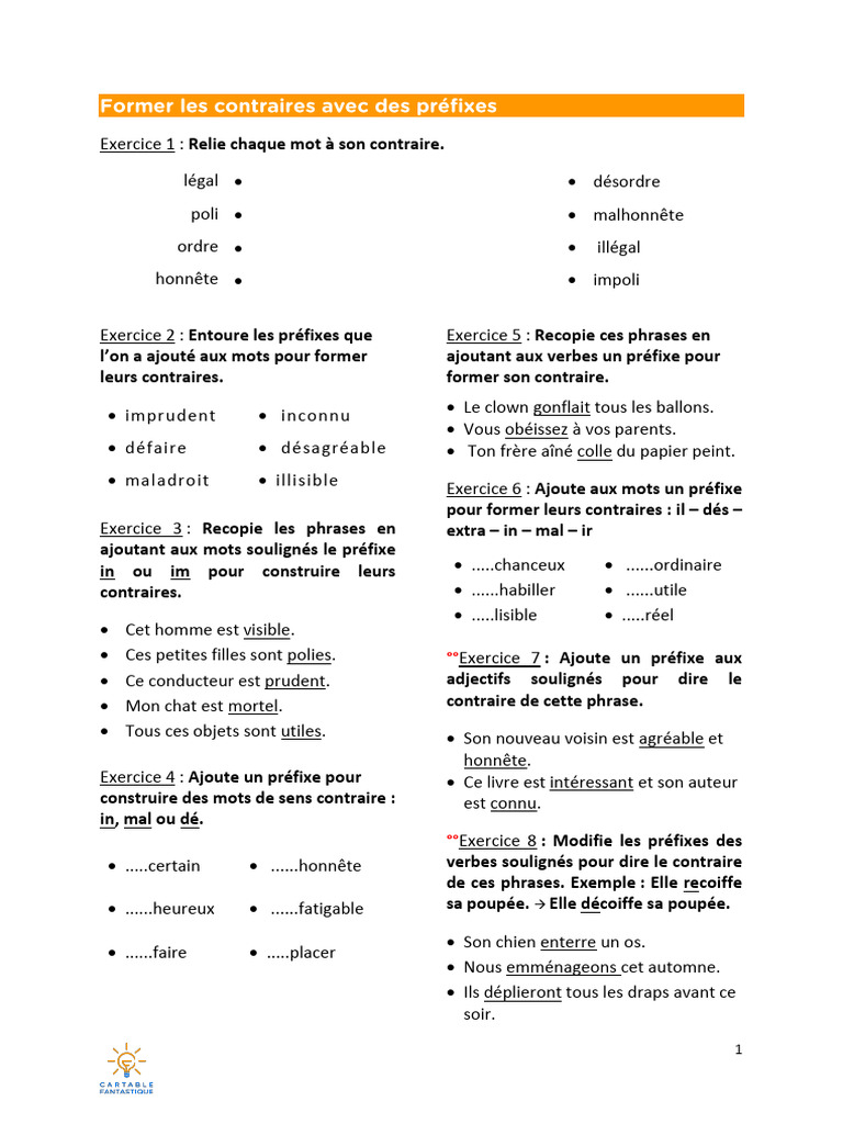 Les Contraires Avec Préfixes | PDF