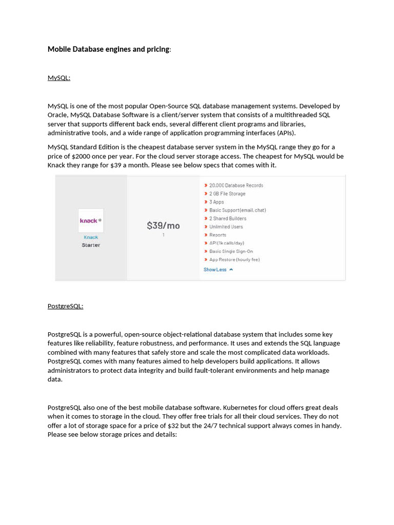 Mobile Database Engines and Pricing | PDF