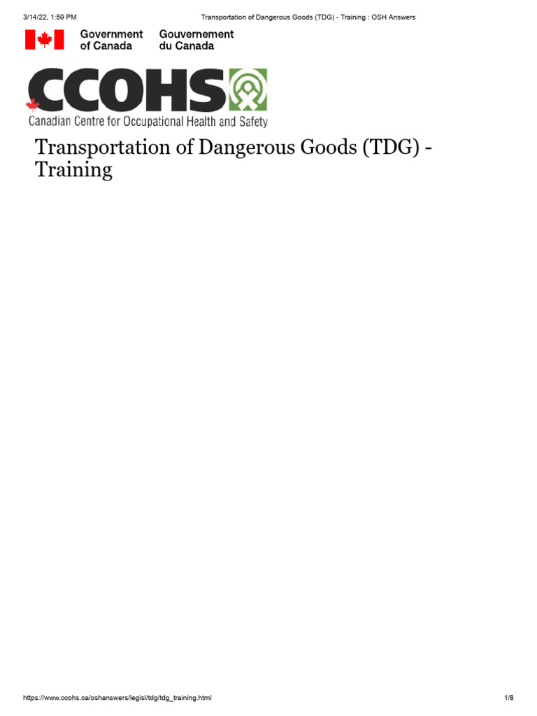 CCOHS Transportation of Dangerous Goods (TDG) - Training - OSH Answers ...