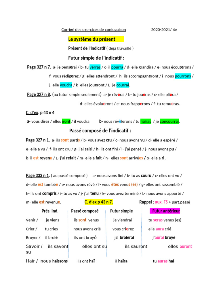 4e - CORR Ex. Futur - Passé Composé | PDF