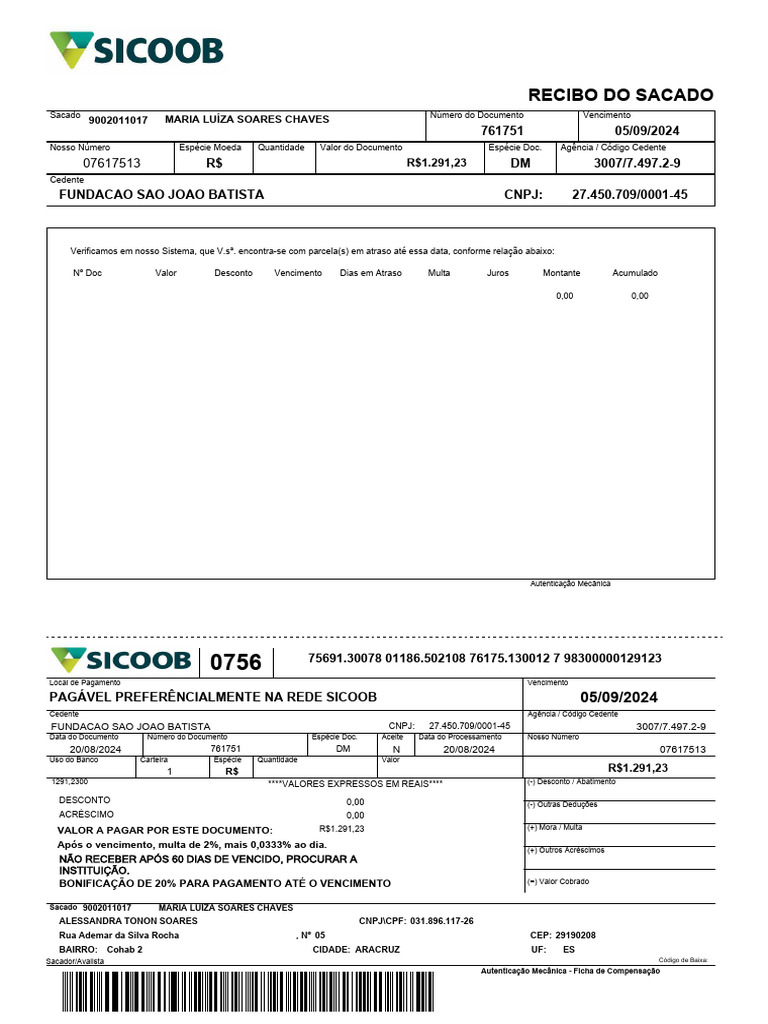 Recibo Do Sacado: 9002011017 Maria Luíza Soares Chaves | PDF