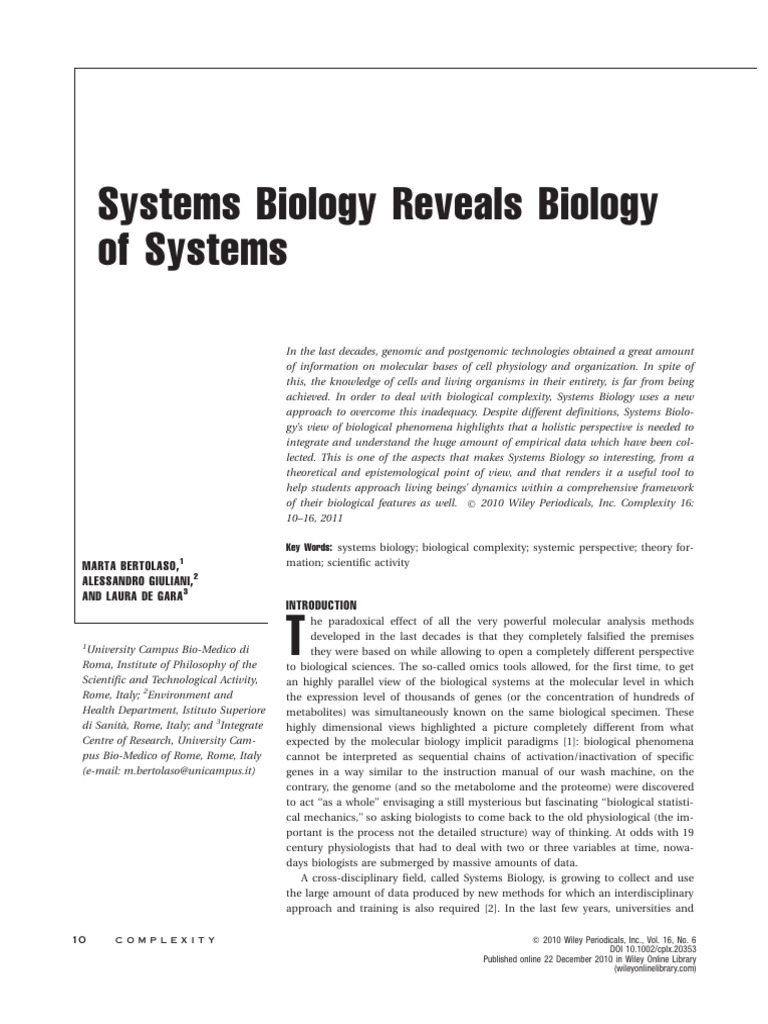 Systems Biology Reveals Biology of Syste | PDF