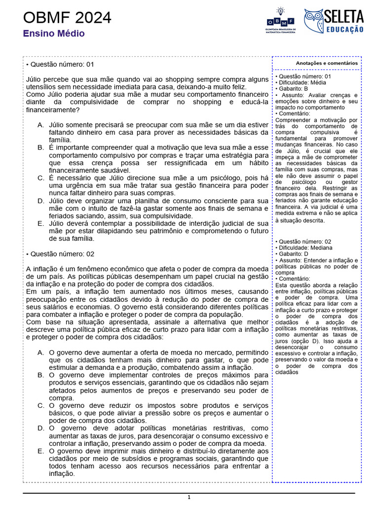 GABARITO OBMF 2024.1 - Nível Médio | PDF