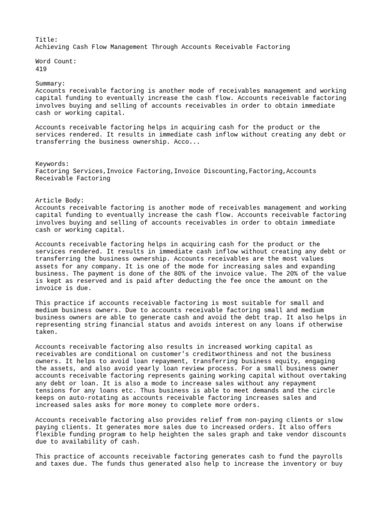 Achieving Cash Flow Management Through Accounts Receivable Factoring Pdf