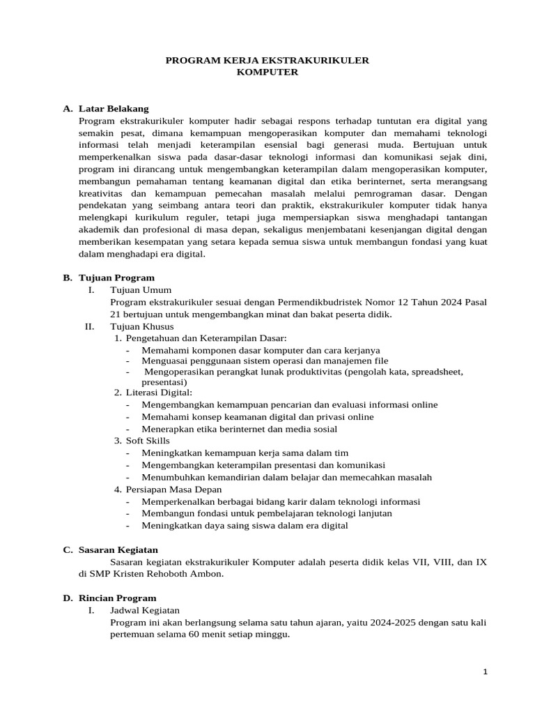 Program Kerja Ekstrakurikuler Komputer | PDF