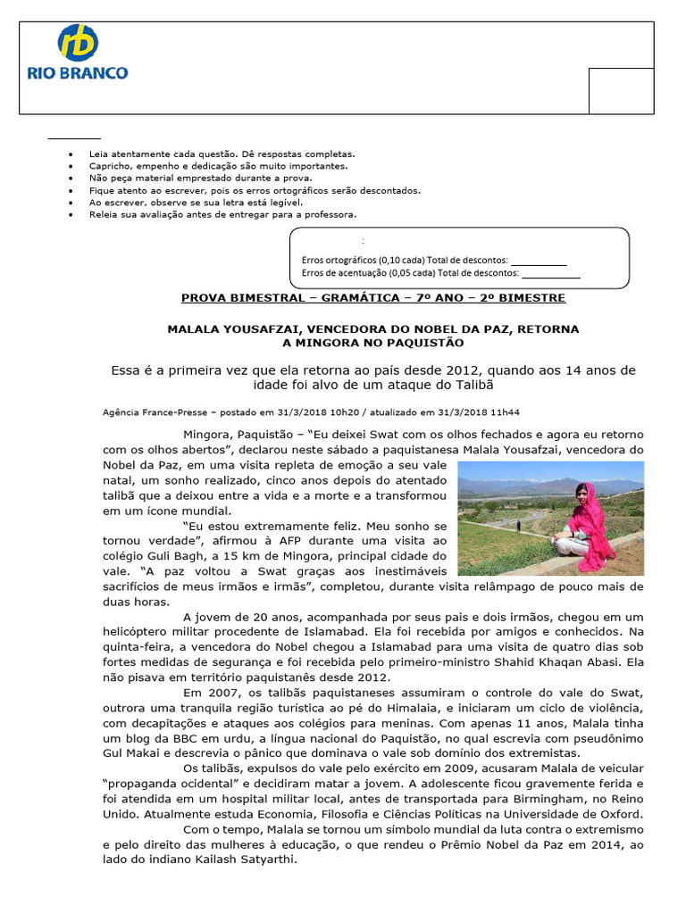 Prova bimestral - 7 ano - 2 bimestre | PDF