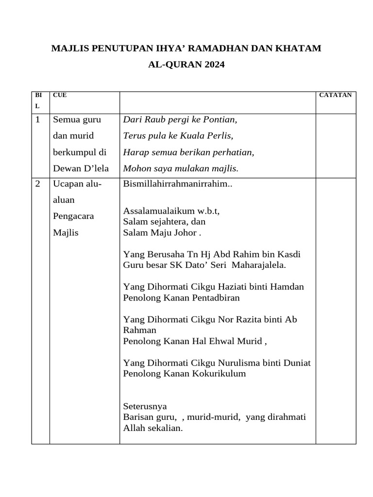 Teks Pengacara Majlis Penutupan Ihya Ramadhan Dan Khatam Al Quran | PDF