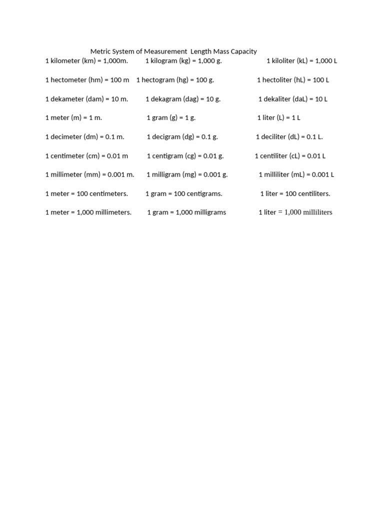 Metric System of Measurement Length Mass Capacity | PDF