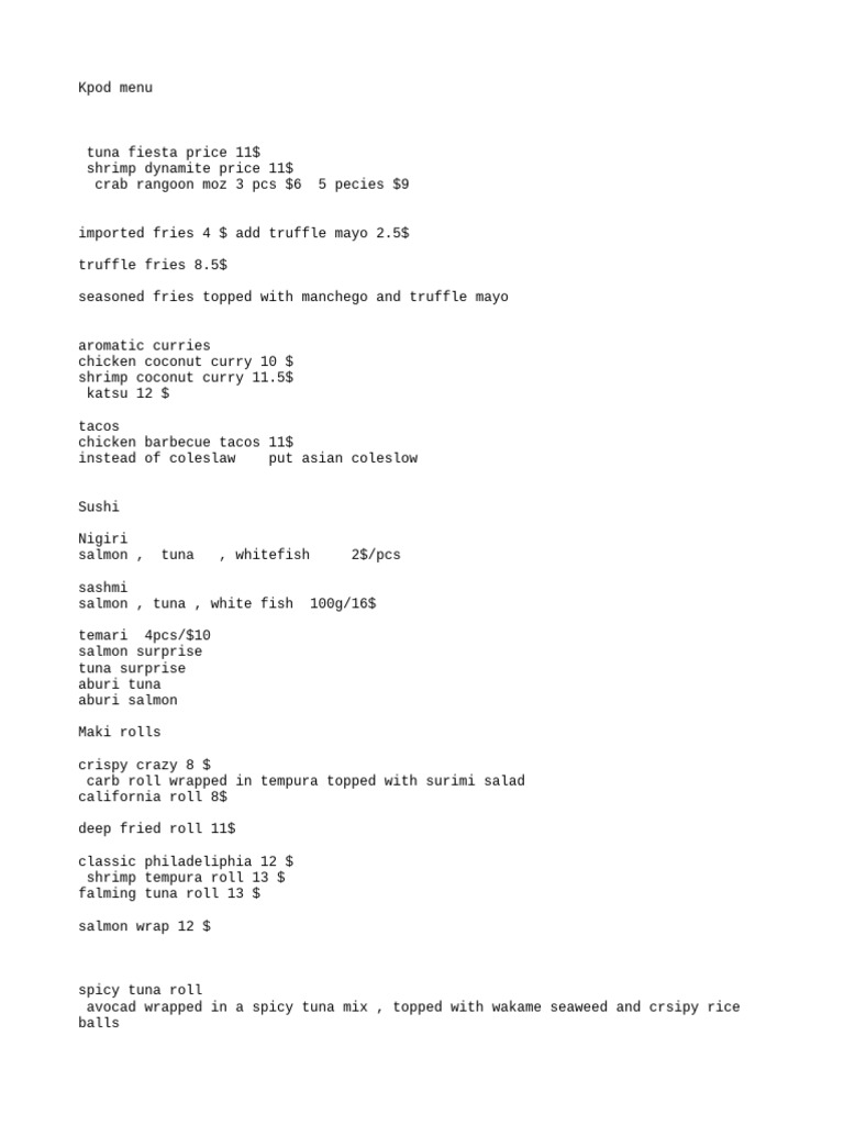 Kpod Menu | PDF