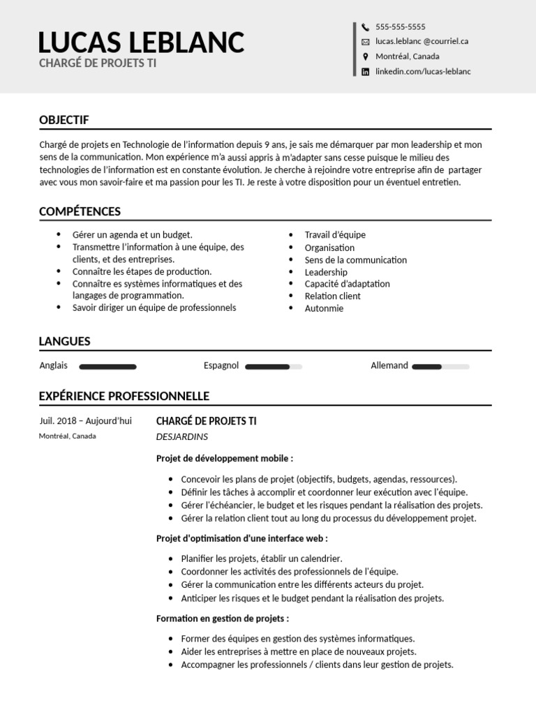 124 Modele CV Canadien | PDF | Gestion de projet | Art