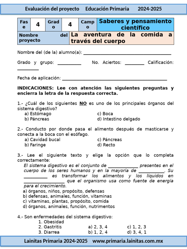 4to Grado Septiembre - Examen 06 La aventura de la comida a travès del ...