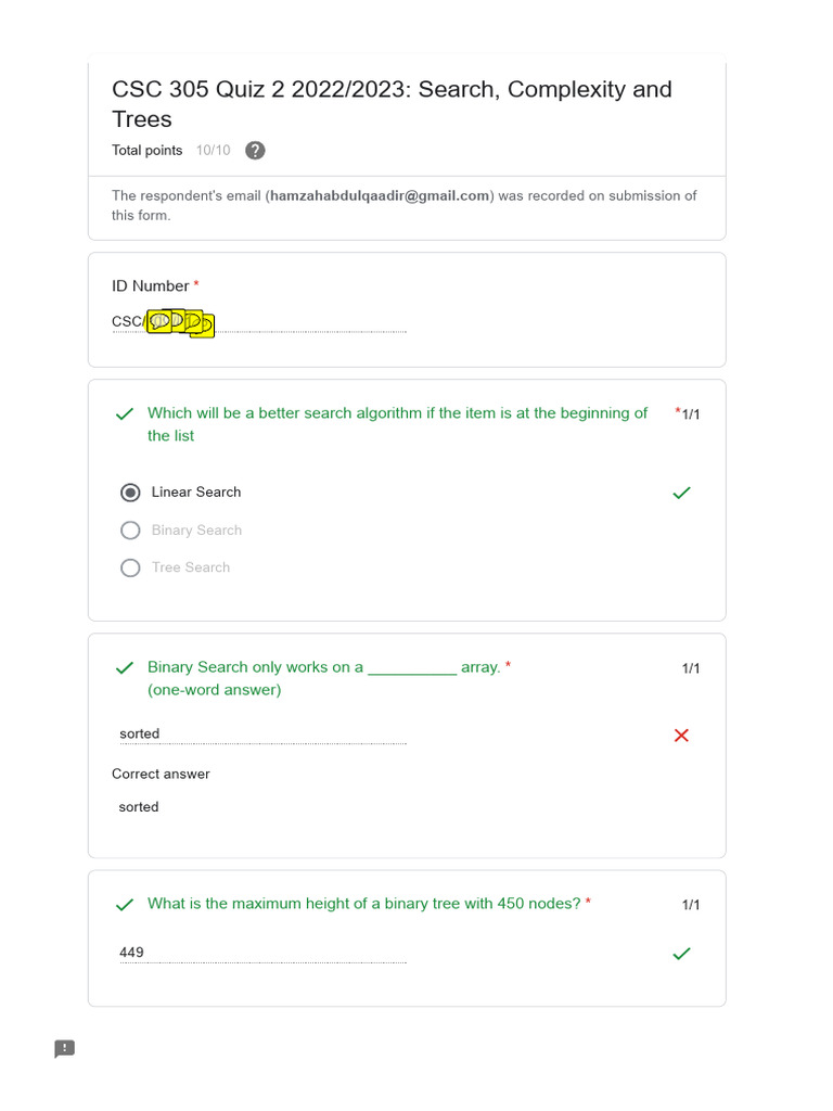 CSC 305 Quiz 2 Answers | PDF