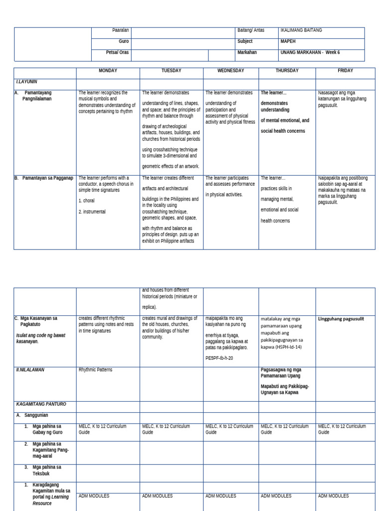 DLL Week 6 Mapeh | PDF