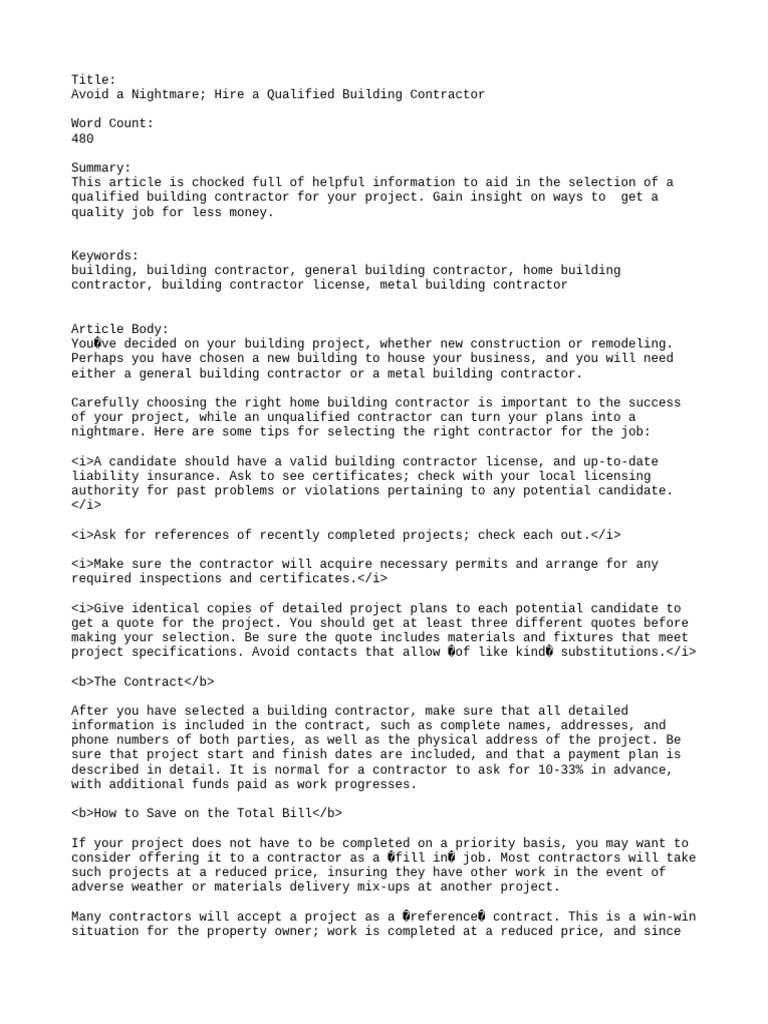 Avoid A Nightmare Hire A Qualified Building Contractor | PDF