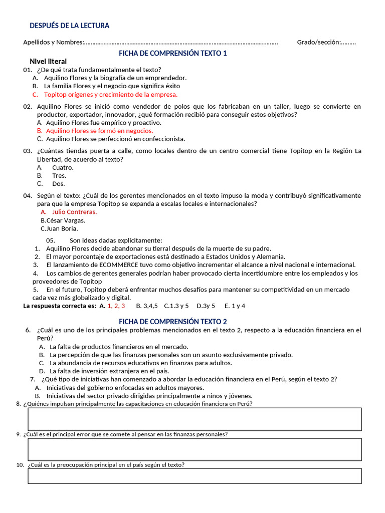 4° FICHA Lect S1-U6DESPUÉS DE LA LECTURA | PDF