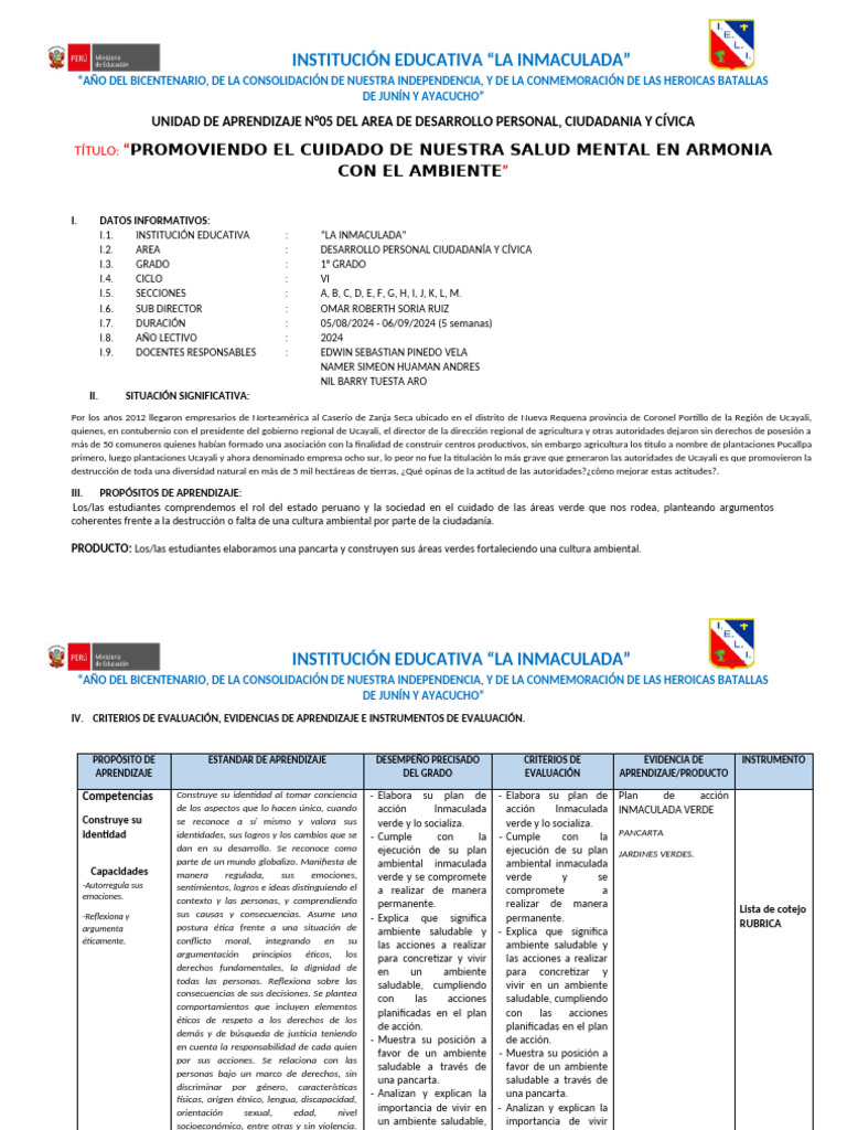 UNIDAD DE APRENDIZAJE Nº 5 dpcc 1º | PDF